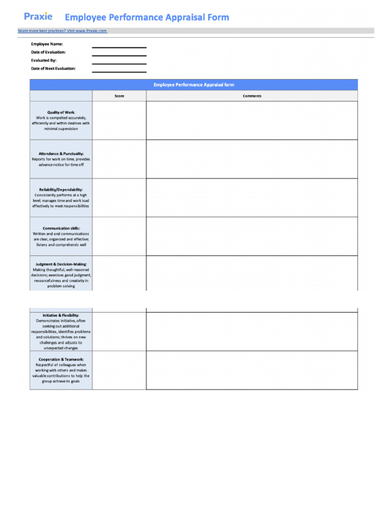 Employee Performance Appraisal Form - Human Resources Software Online ...