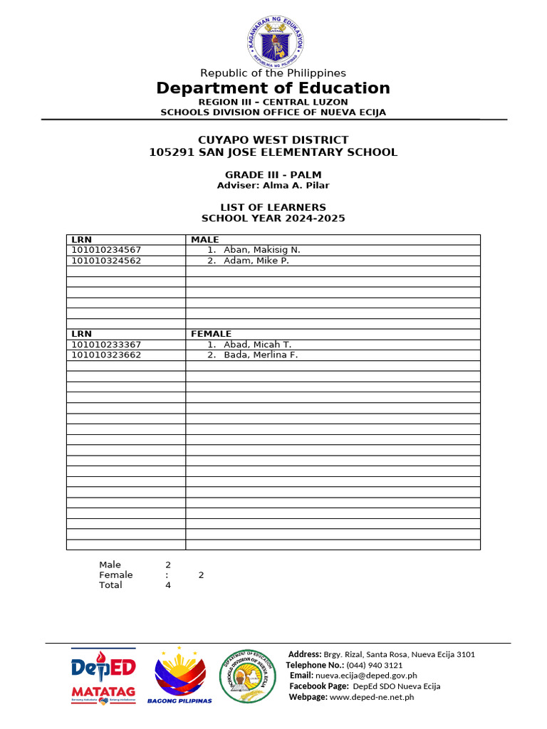 LIST-OF-LEARNER-PER-CLASS - III - Palm | PDF