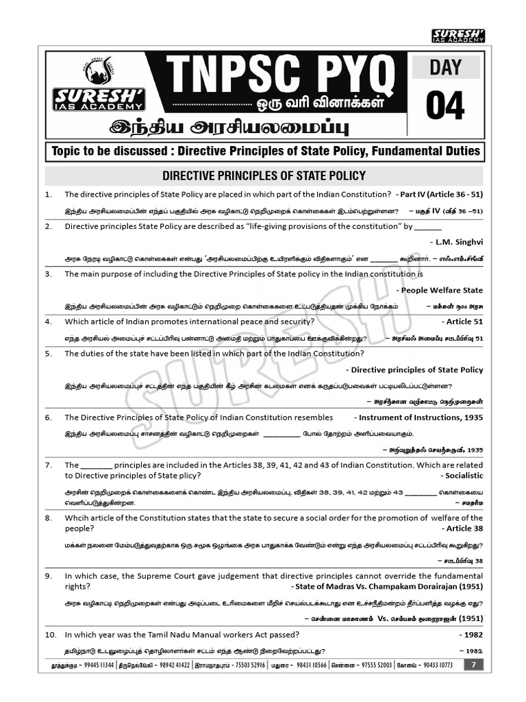 TNPSC PYQ - Indian Polity - One Liner - 04 | PDF | Civil Law (Common ...