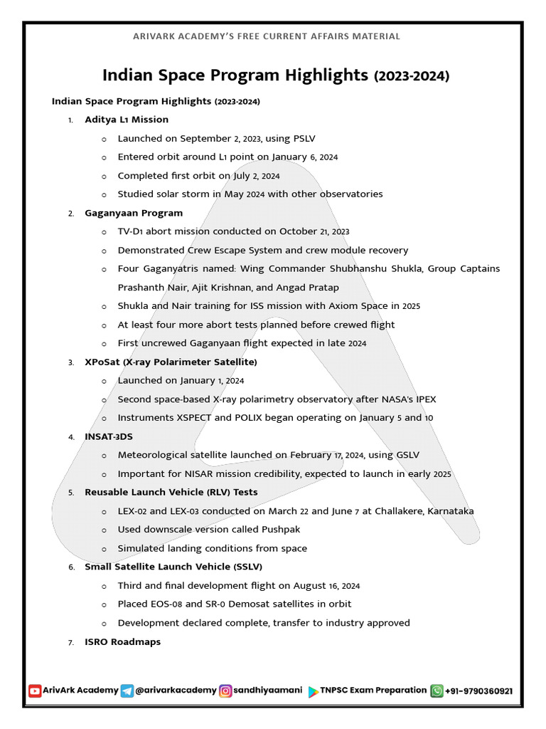 Indian Space Program Highlights (2023-2024) | PDF