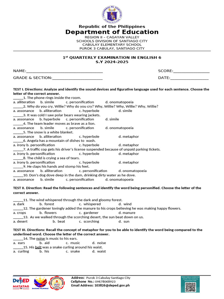 1st QUARTERLY EXAMINATION IN ENGLISH 6 | PDF
