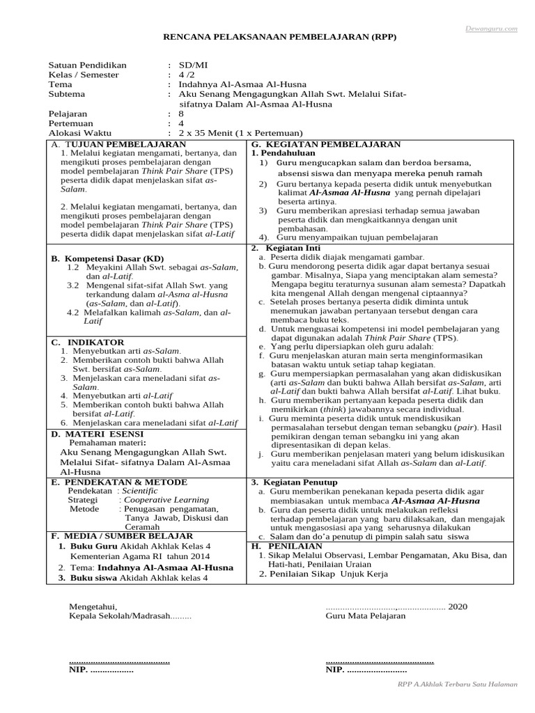 RPP Akidah Akhlak Kelas 4 Semester 2 Pelajaran 8 | PDF