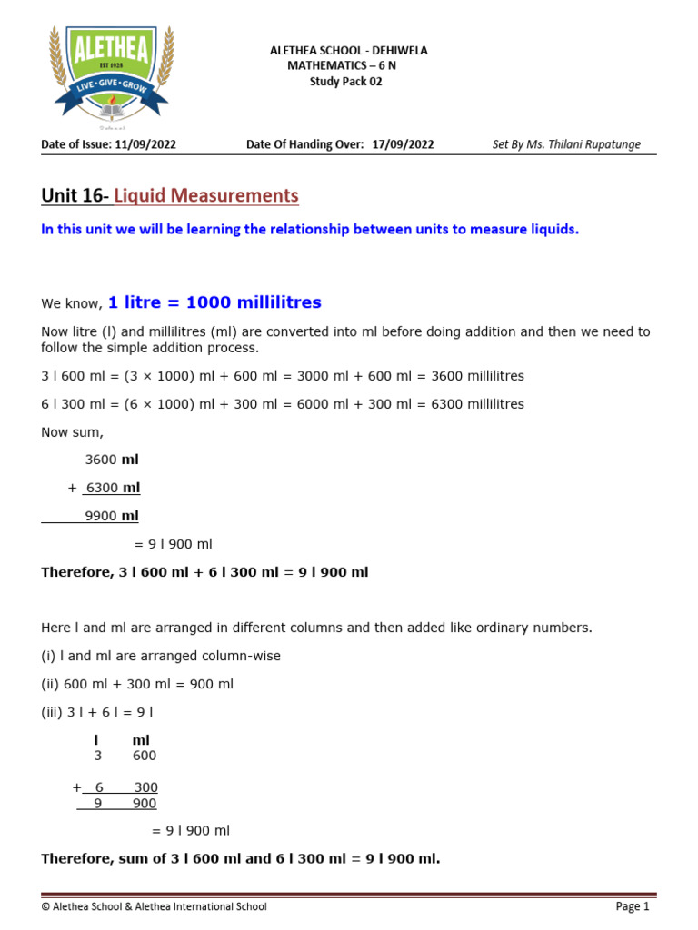 6N Maths T3 02 (Liquids Measurements) | PDF