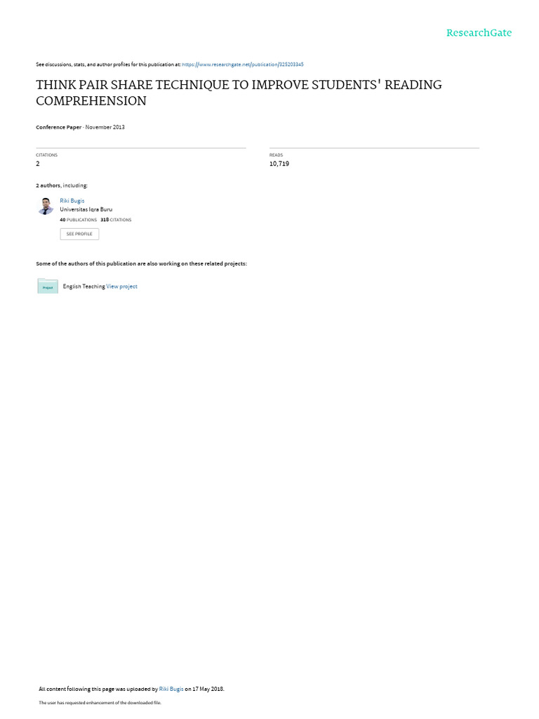 Think Pair Share Technique To Improve Students Reading Comprehension | PDF