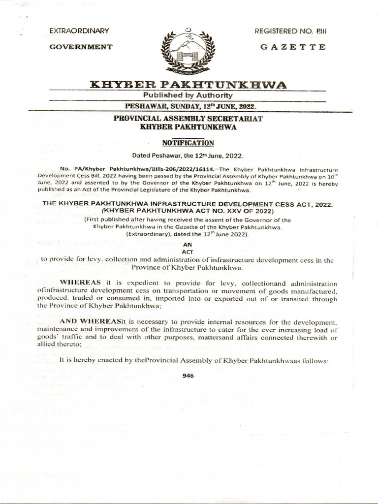 The KP Infrastructure Development Cess Act 2022 Gazetted | PDF