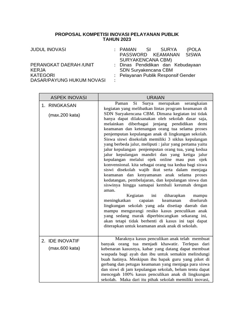 Proposal Kompetisi Inovasi Pelayanan Publik TAHUN 2023 | PDF