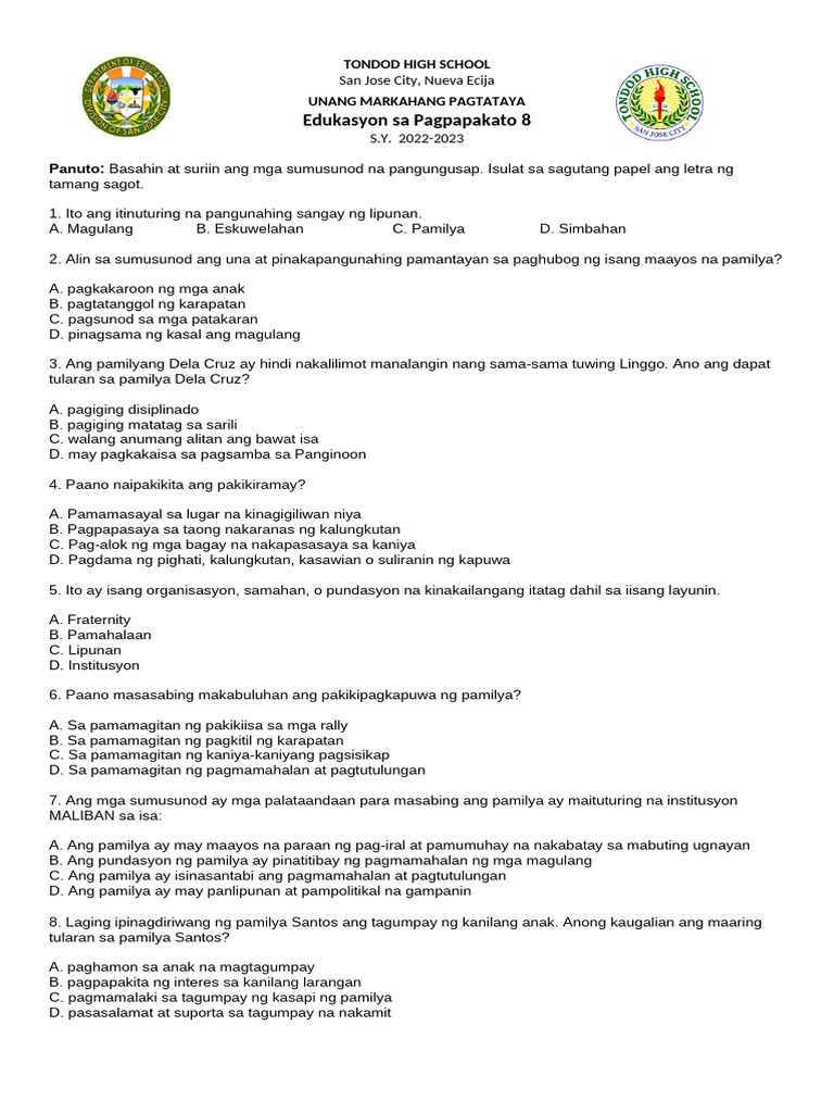 ESP 8 1st Quarter Exam | PDF