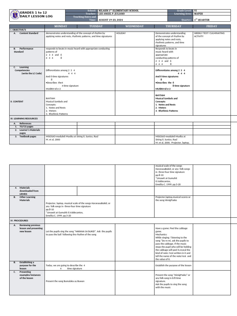 DLL_MAPEH 6_Q1_W4 | PDF