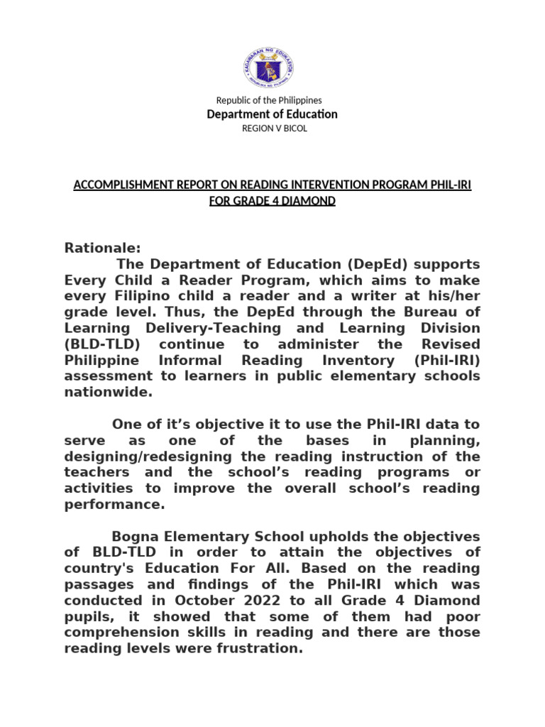 ACCOMPLISHMENT REPORT ON READING INTERVENTION 4diamond | PDF | Reading Comprehension | Education ...