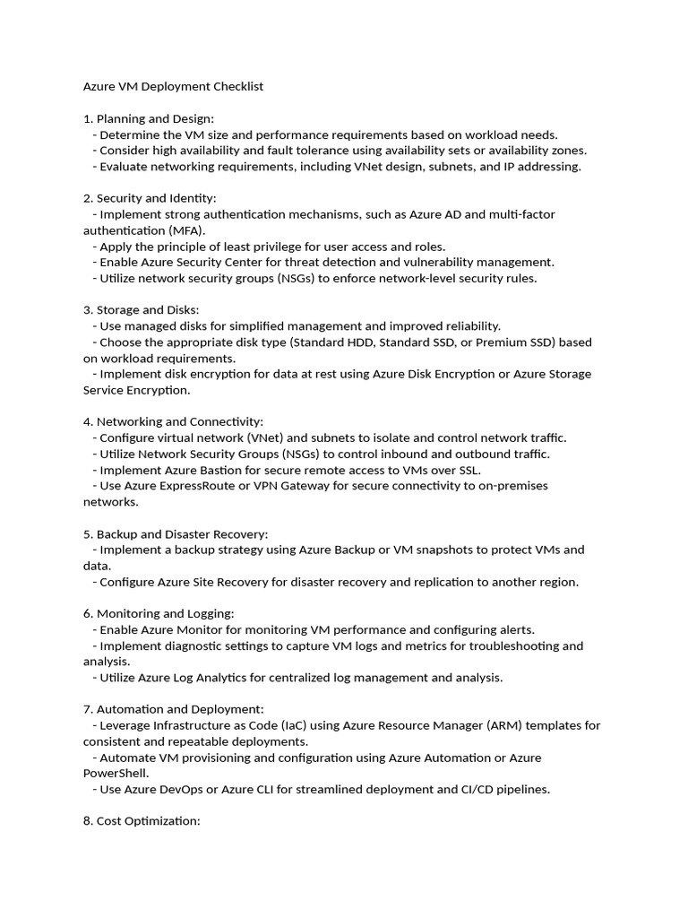 Azure VM Deployment Checklist | PDF
