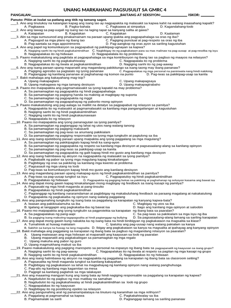 GMRC 4 Exam: Key Character Traits | PDF | Philippines