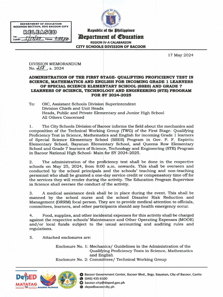 DM No. 258, S. 2024 Administration of The First Stage - Qualifying ...