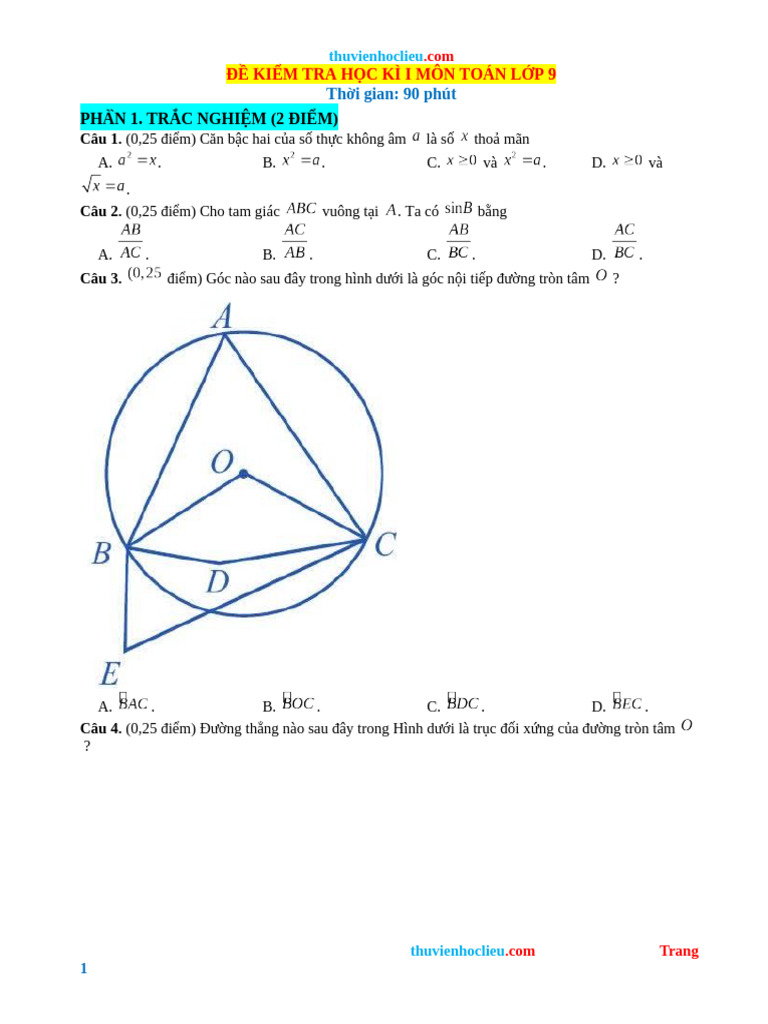 Đề-kiểm-tra-toán-lớp-9-mẫu-hk1 | PDF