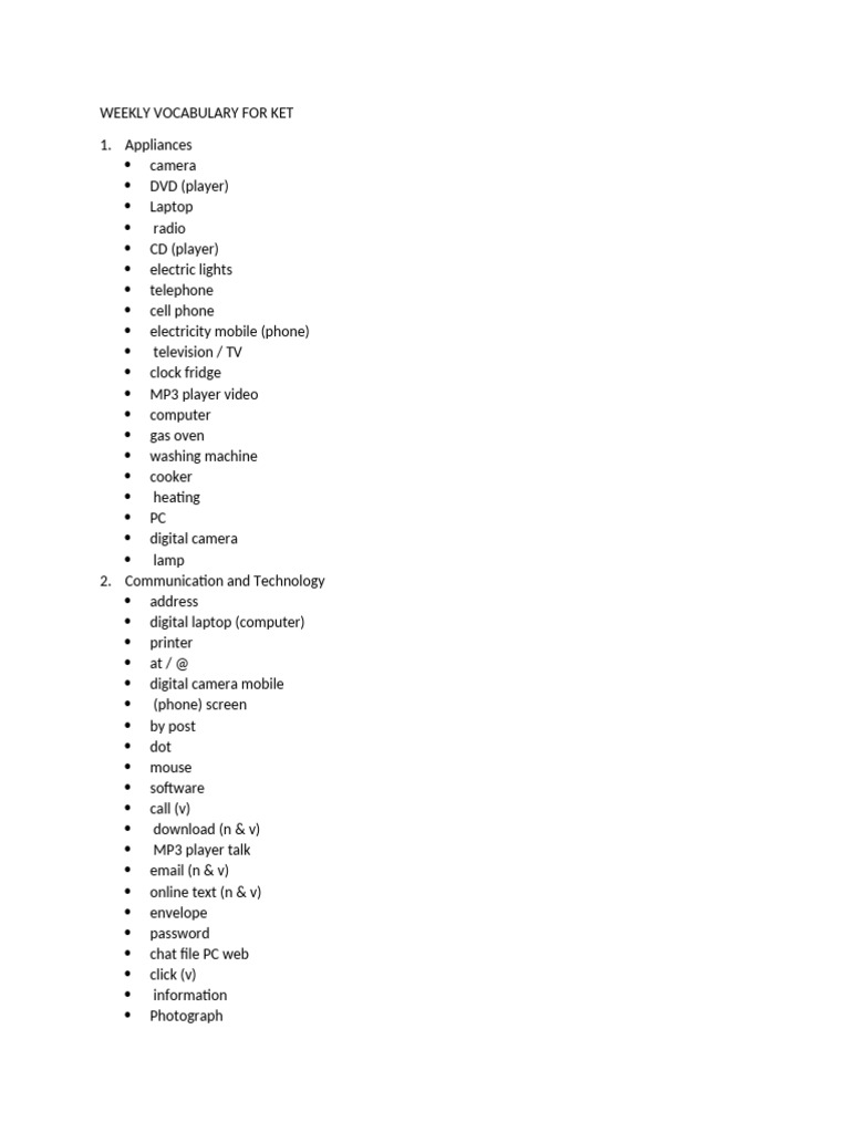 Weekly Vocabulary For Ket | PDF