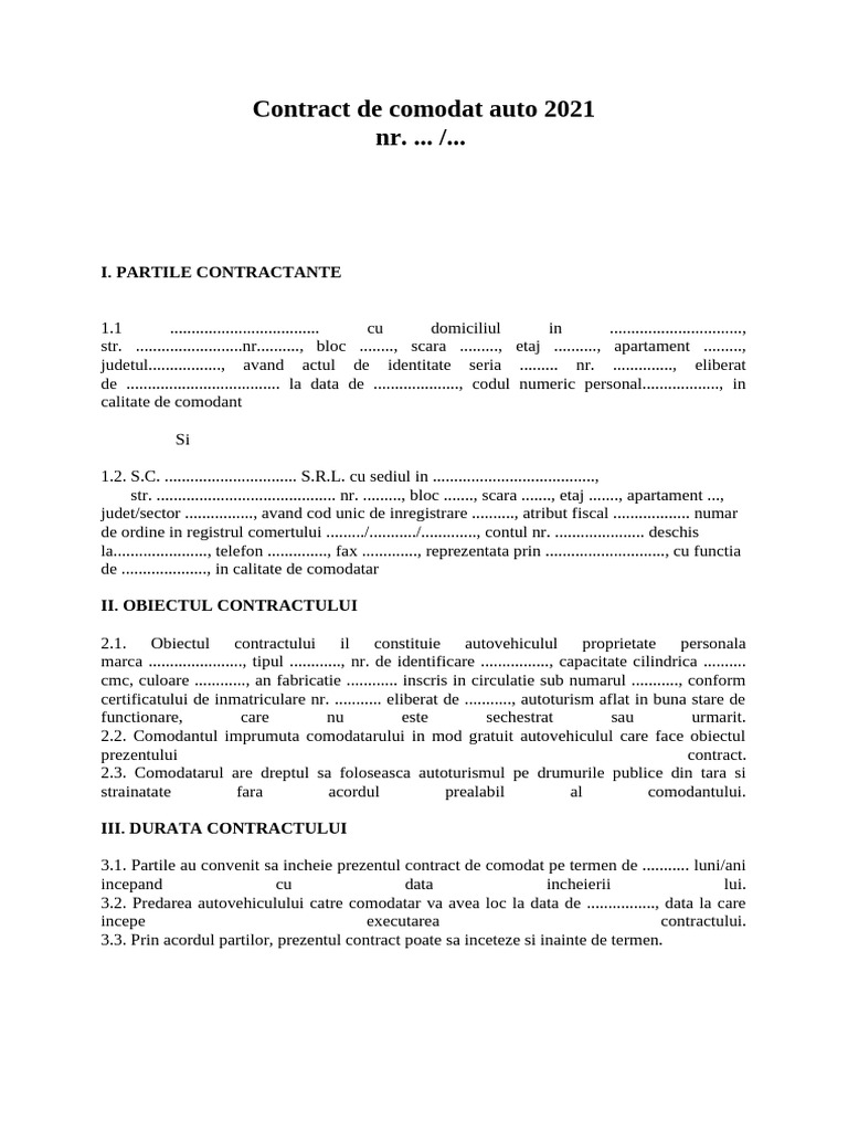 Contract de Comodat Auto | PDF