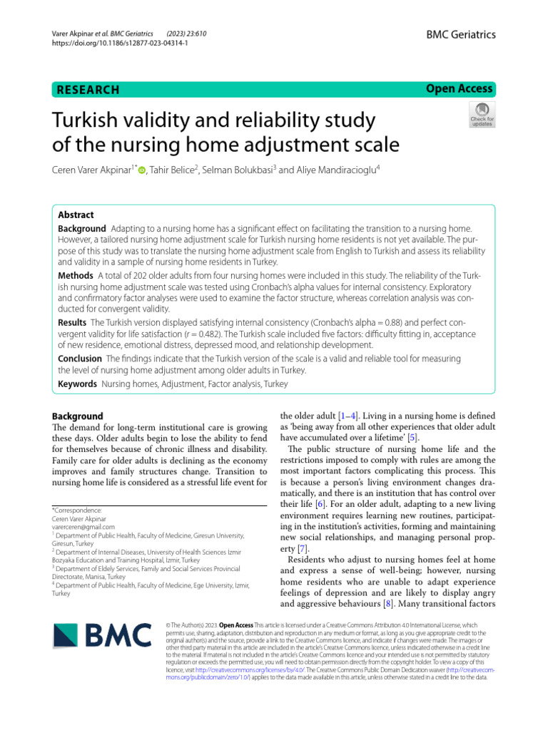 Turkish Validity and Reliability Study of The Nursing Home Adjustment ...