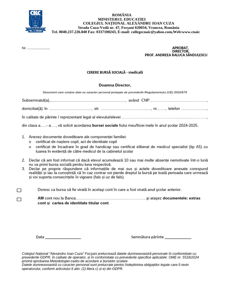 Cerere Bursa Socială Medicală | PDF