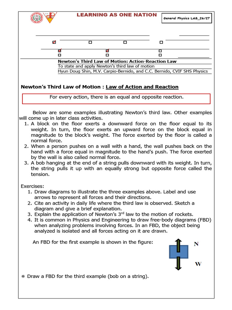 Gen Physics 1 LAS 26-27 Newton - S Third Law of Motion (Action Reaction ...