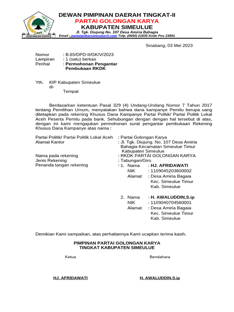 Permohonan RKDK Partai Golkar | PDF