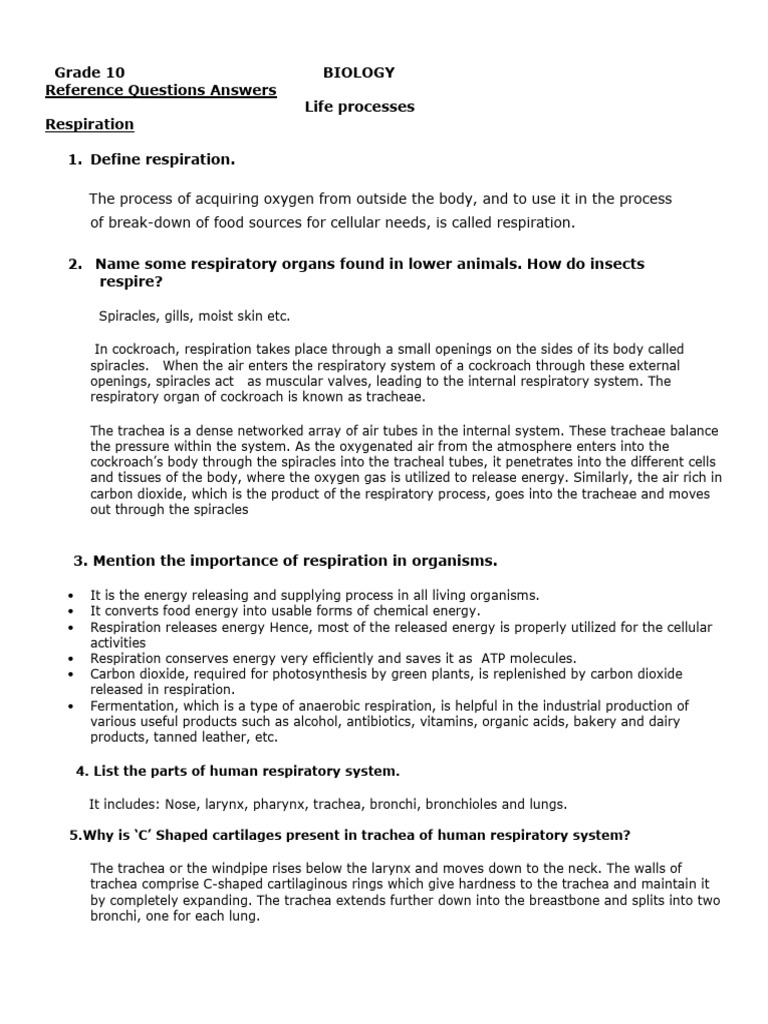 Grade 10 BIOLOGY Life Processes Respiration Ref Notes | PDF ...