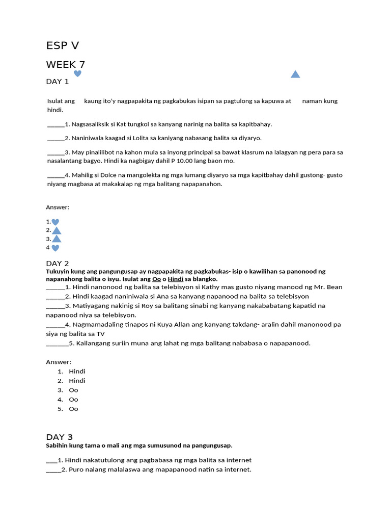 Esp V Week 7 Day 1-5 | PDF