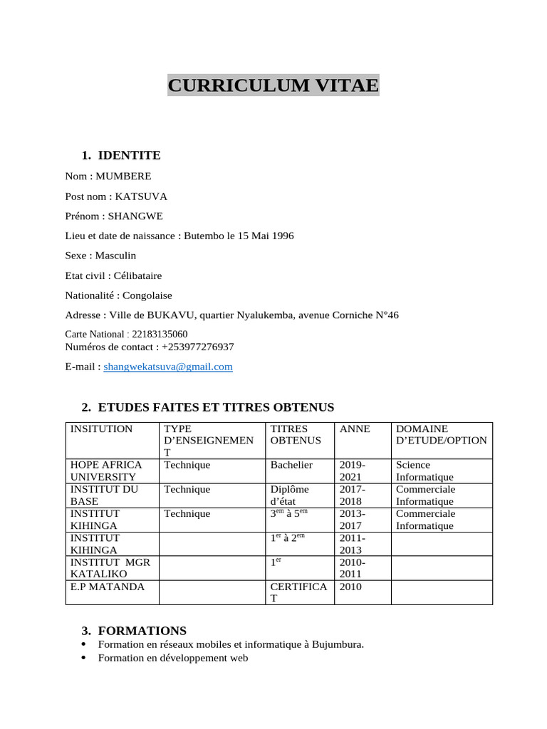 Curriculum Vitae Shangwe Katsuva | PDF