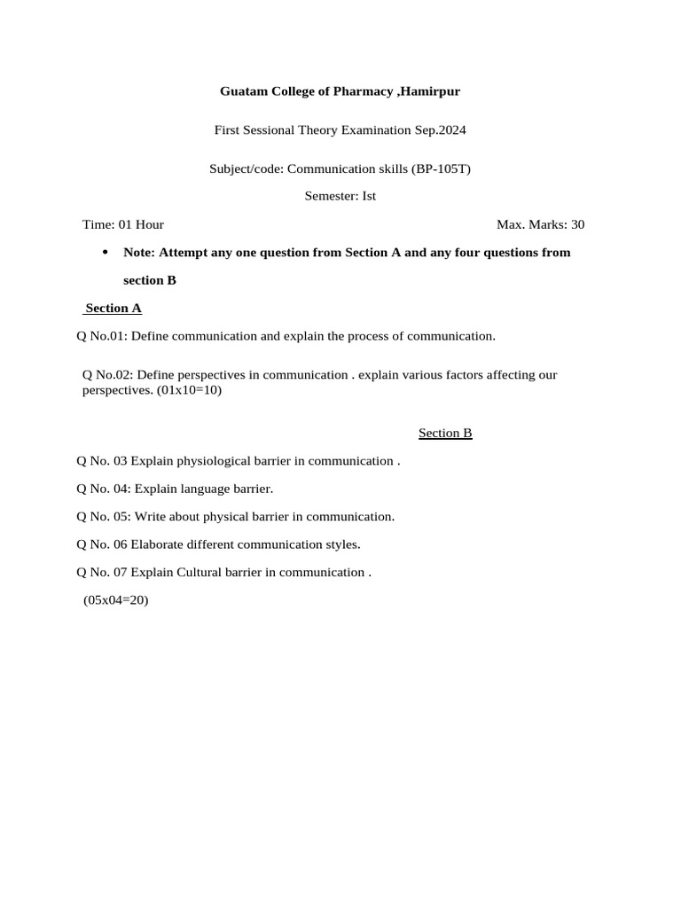 Communication Skills First Sessional | PDF