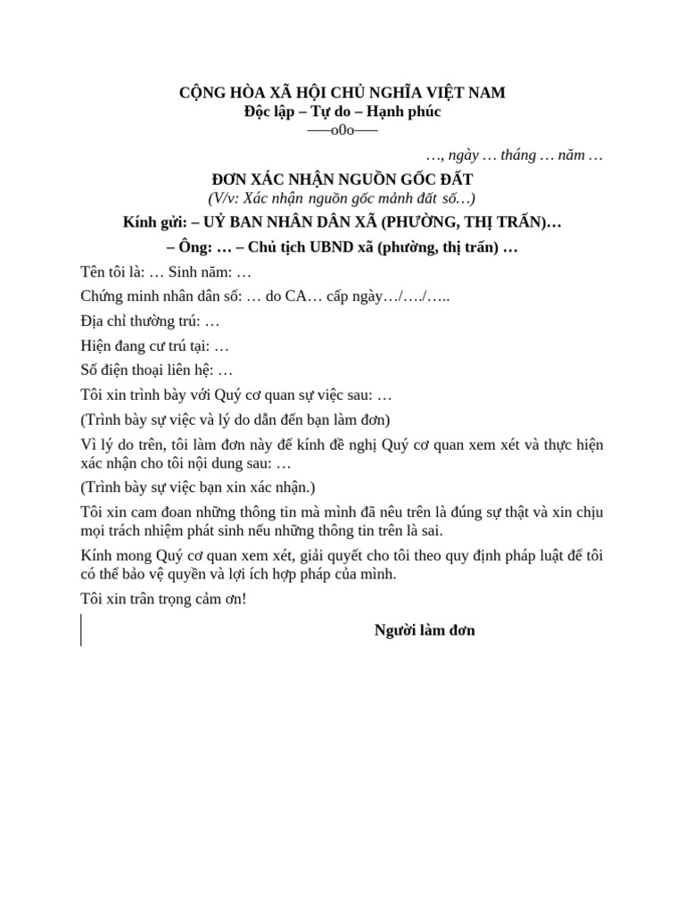 81mau Don Xin Xac Nhan Nguon Goc Dat Va Huong Dan Viet Don Moi Nhat 2 | PDF