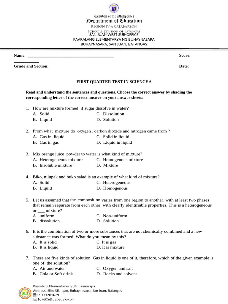 PT - Science 6 - Q1 | PDF