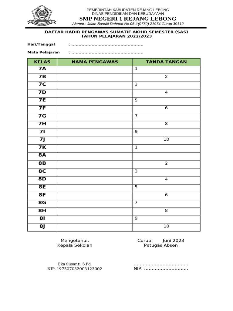 Daftar Hadir Pengawas | PDF