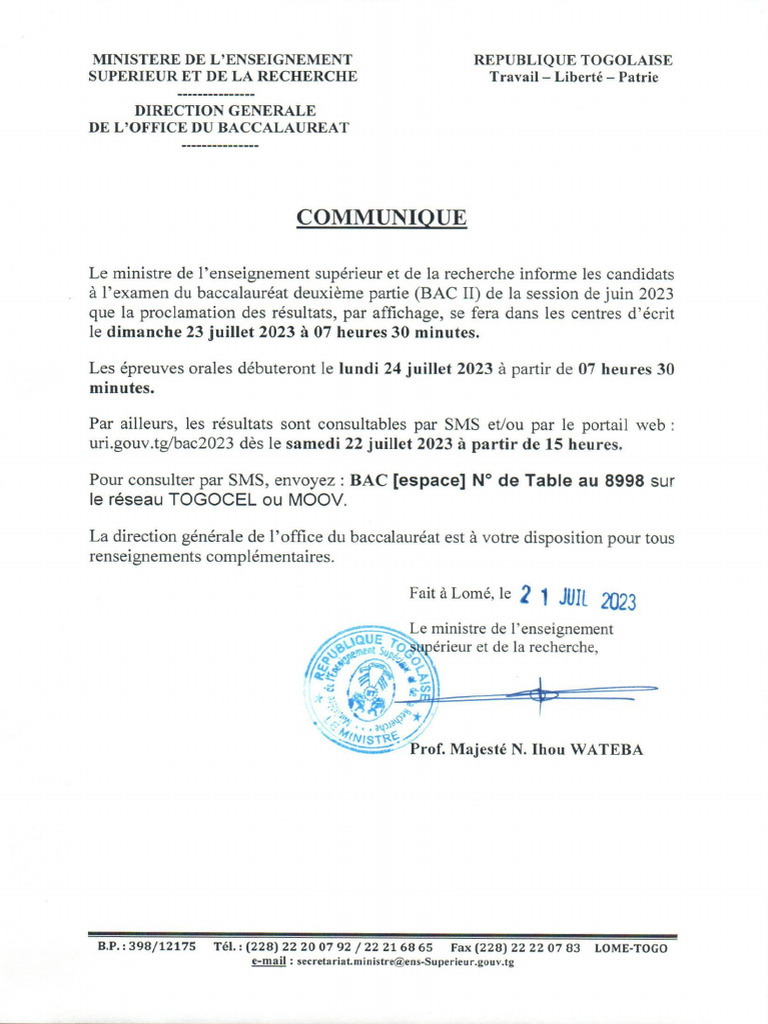 Communique Proclamation Resultats Bac II | PDF