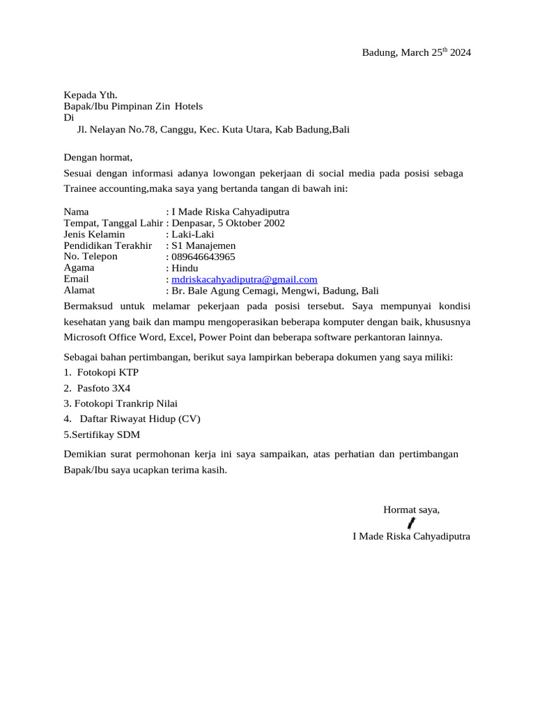 Dokumen lamara dek riska hotel | PDF