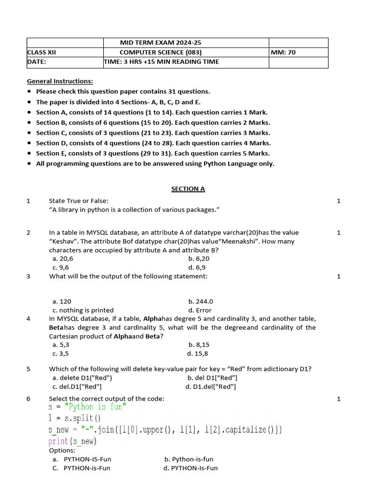 Class XII - CS-Mid Term (2024-25) | PDF