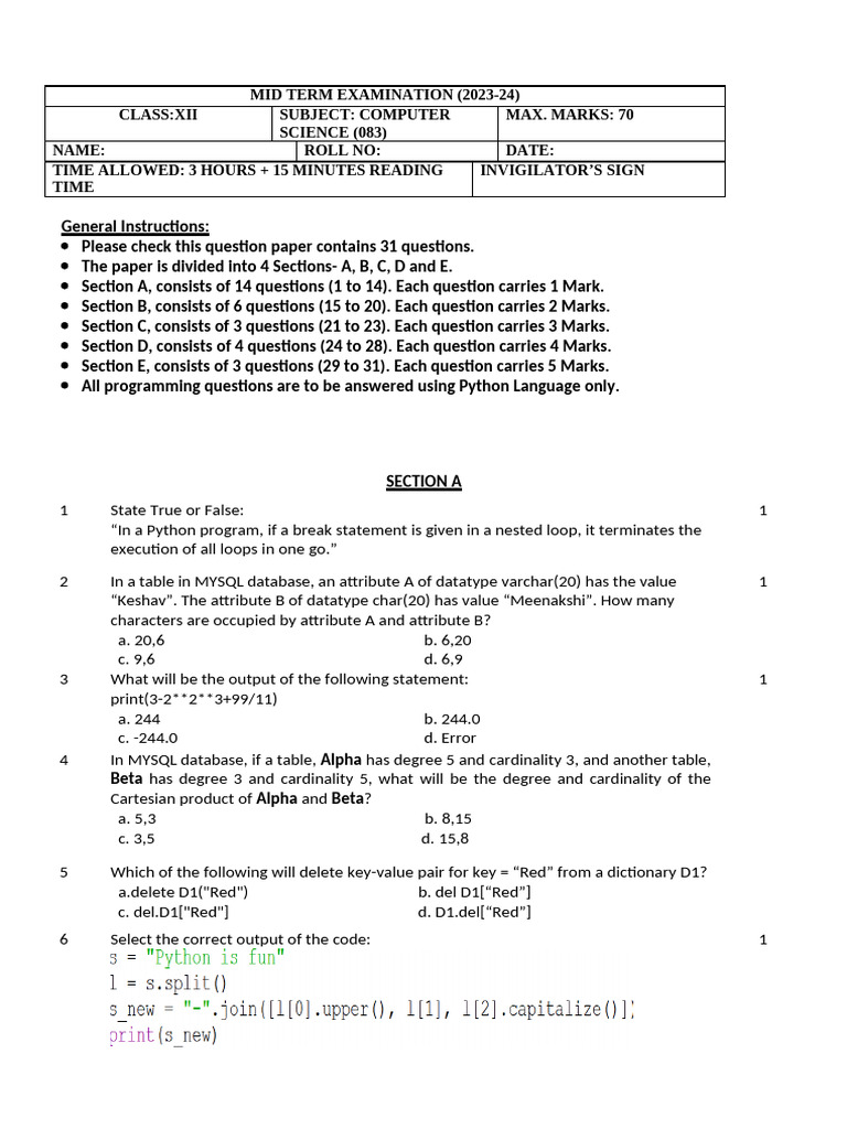 Class XII - CS-Mid Term | PDF