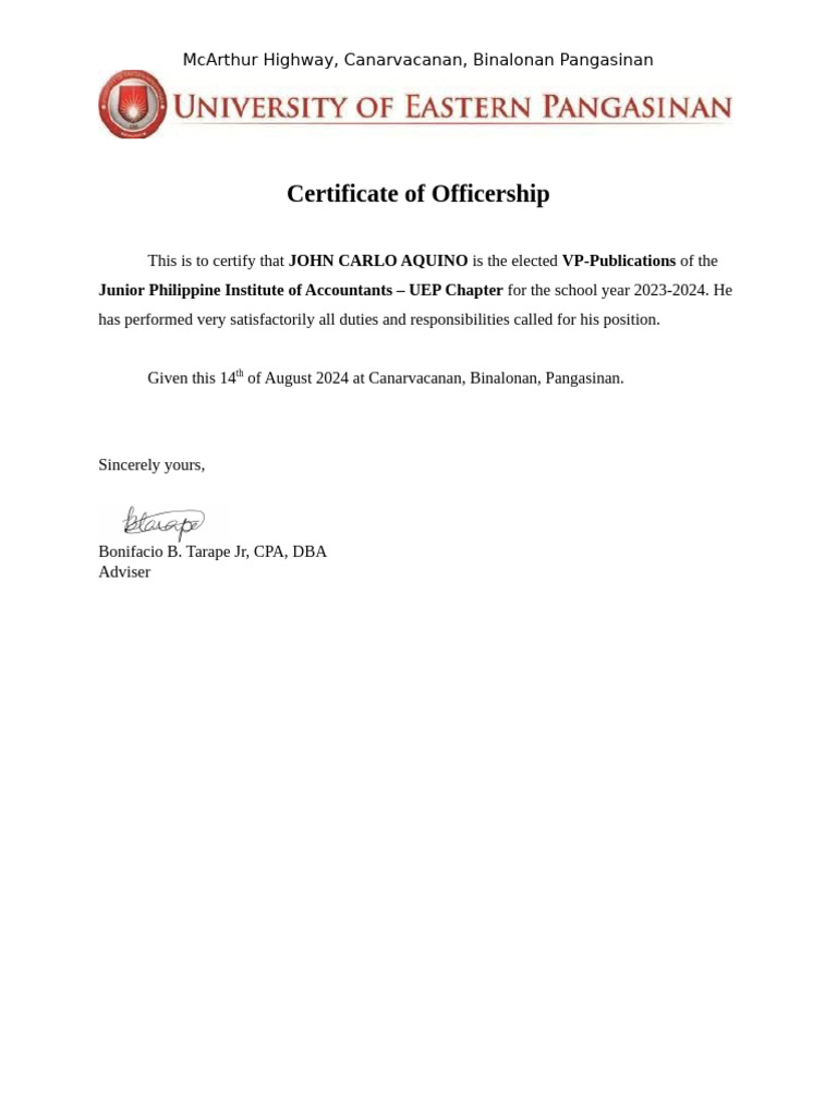 Certificate of Officership - JPIA | PDF