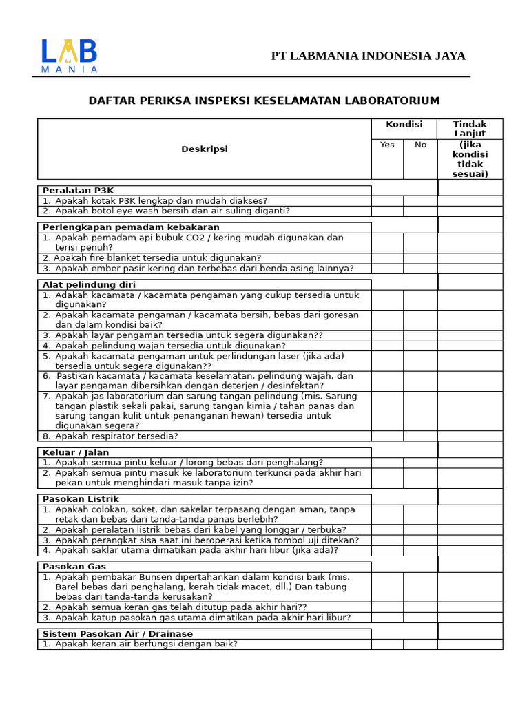 Form Ceklist Inspeksi Lab | PDF