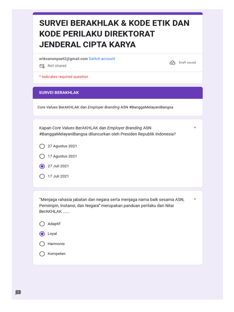 Survei Berakhlak & Kode Etik Dan Kode Perilaku Direktorat Jenderal Cipta Karya | PDF