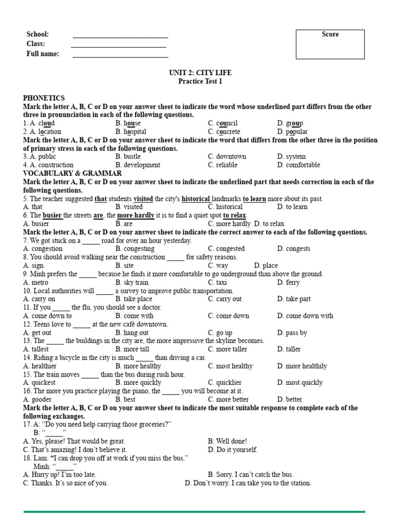 G9 Practice Test 1 Unit 2 | PDF | Traffic | Business