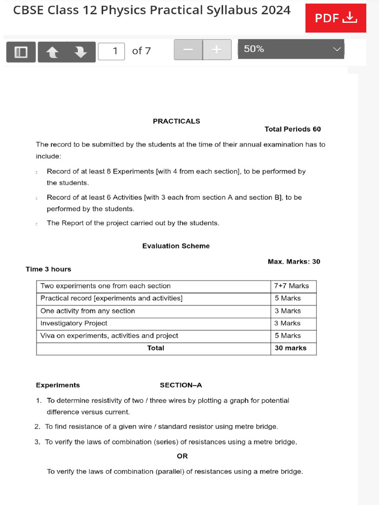 Physics Practical Syllabus 12th CBSE 2024 | PDF