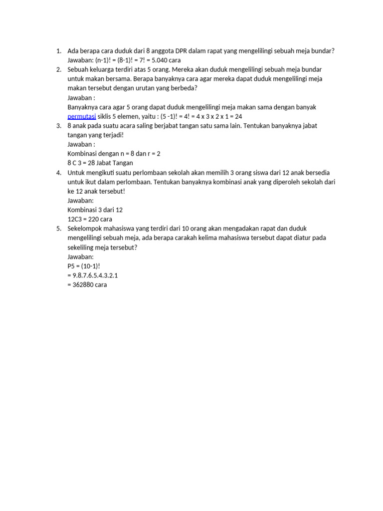 Latihan Soal Permutasi Dan Kombinasi Kelas XII | PDF
