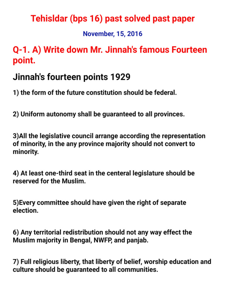 Tehisldar Bps 16 Solved 2016 New | PDF | Pakistan | Muhammad Ali Jinnah