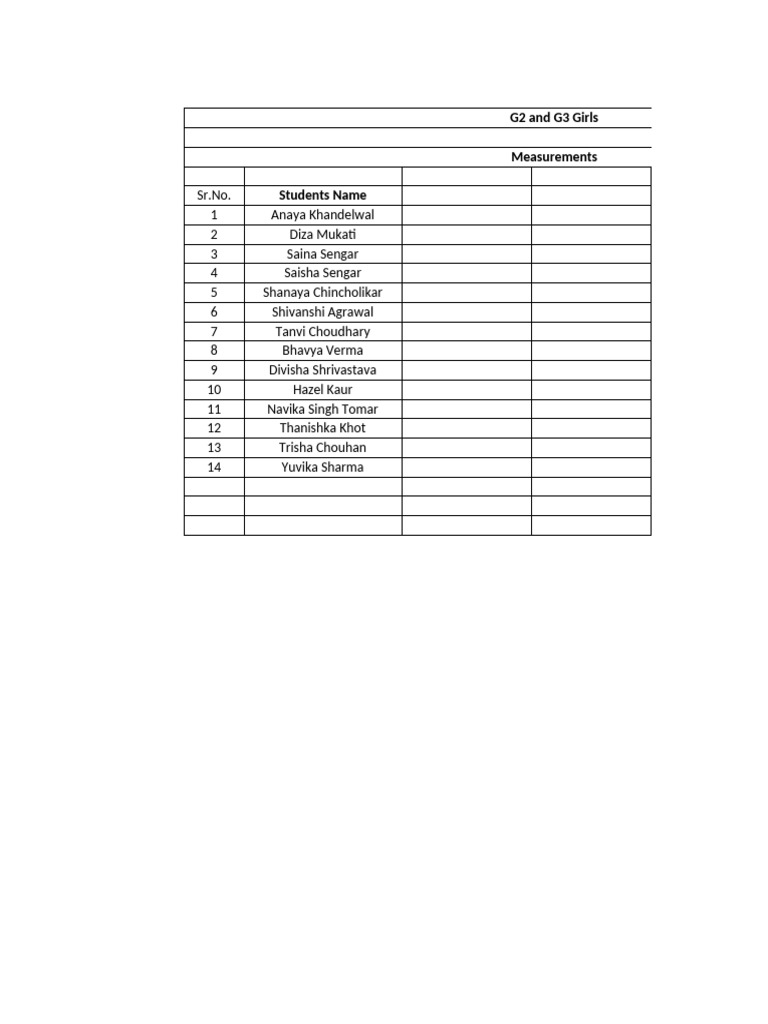 Measurement Excel For G2 and G3 Girls | PDF