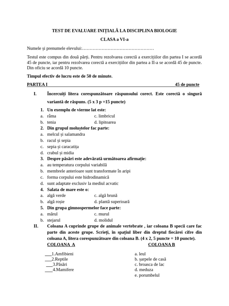Test de Evaluare Initiala La Disciplina Biologie Clasa A Via | PDF