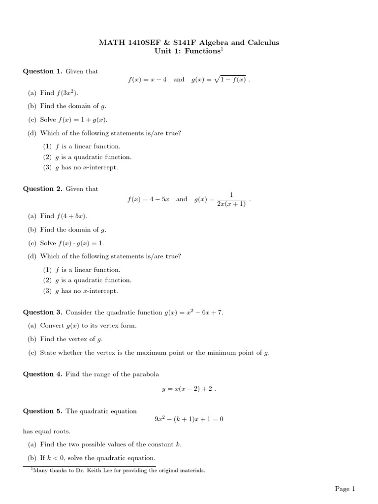 MATH 1410SEF & S141F Algebra and Calculus Unit 1: Functions: F X X G X ...