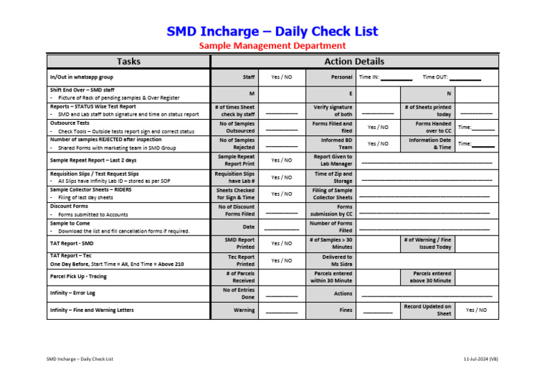 SMD Incharge - Daily Check List - V8 | PDF