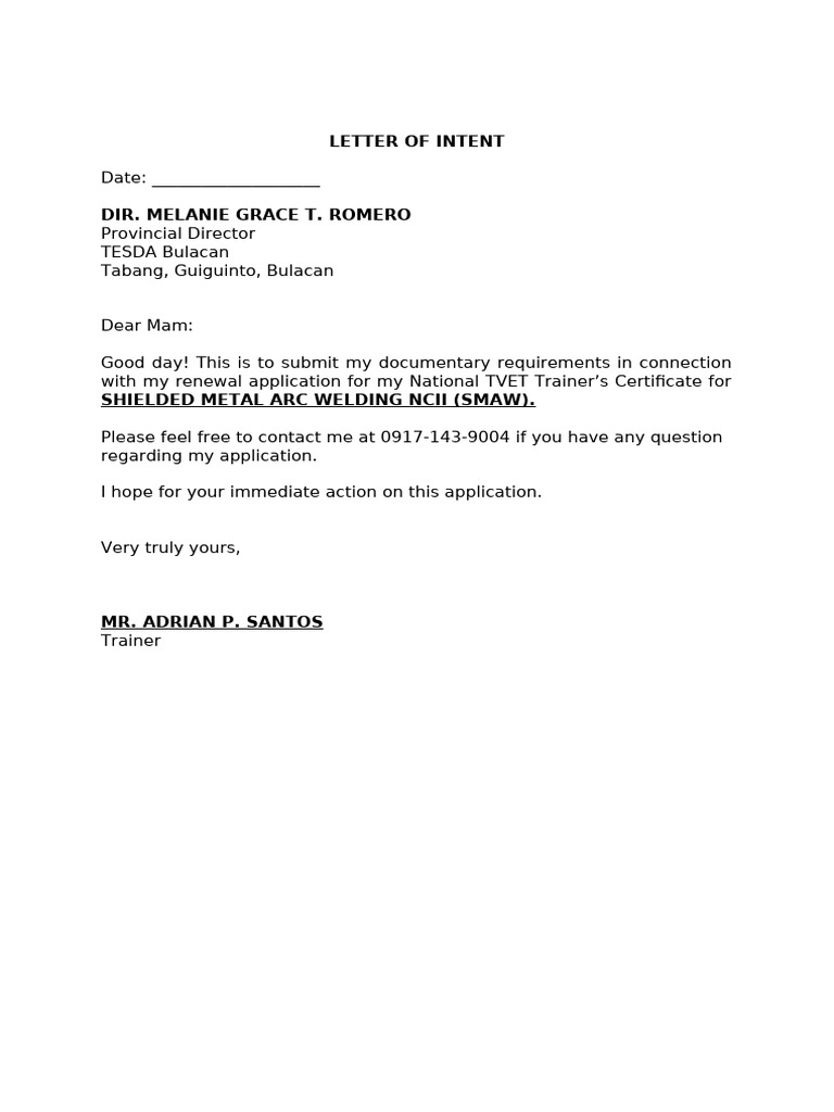 Letter of Intent - Trainer | PDF