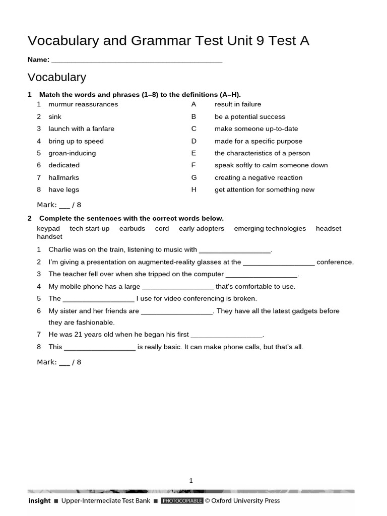 Vocabulary Grammar Test Unit 9 Test A | PDF