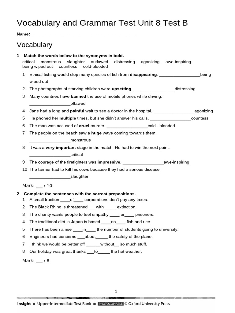 Vocabulary Grammar Test Unit 8 Test B | PDF