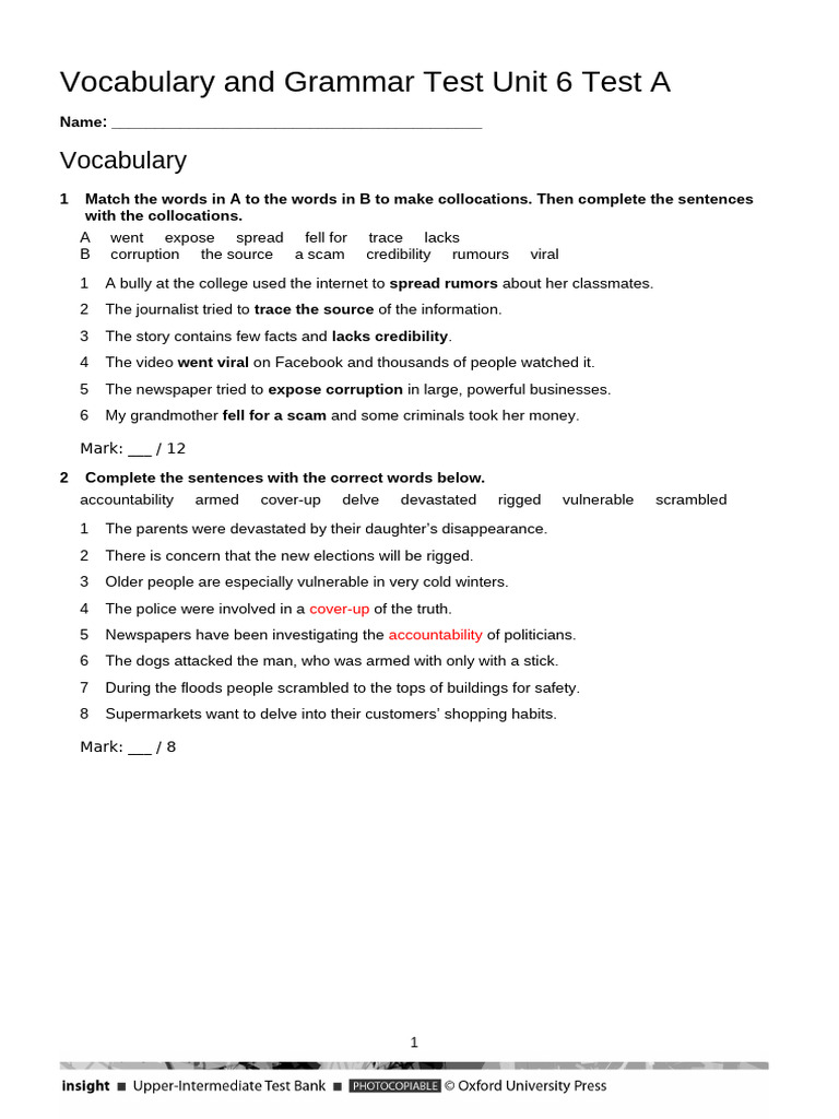 Vocabulary Grammar Test Unit 6 Test A | PDF