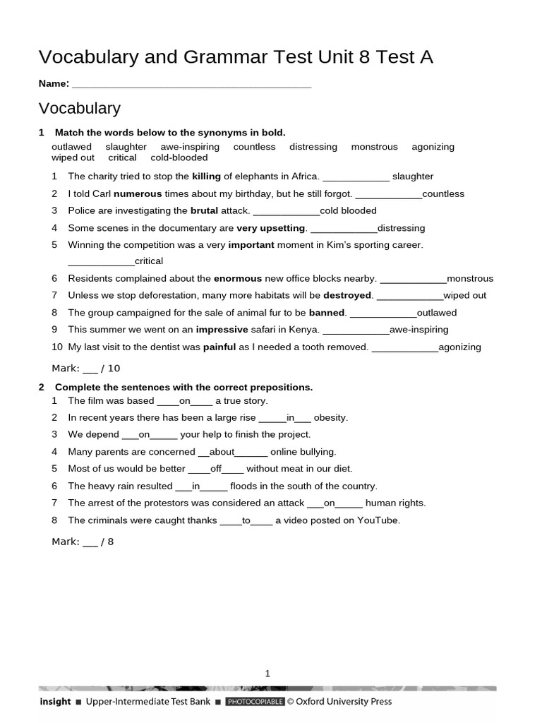 Vocabulary Grammar Test Unit 8 Test A | PDF